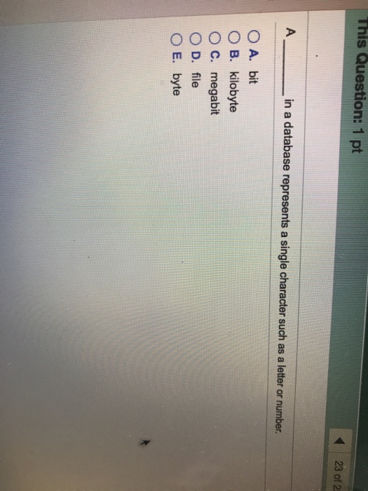 Solved his Question: 1 pt 23 of 2 in a database represents a | Chegg.com