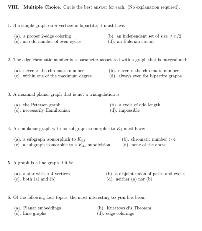Solved VIII. Multiple Choice. Circle the best answer for | Chegg.com