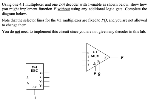 Solved Using one 4:1 multiplexer and one 2×4 decoder with 1 | Chegg.com