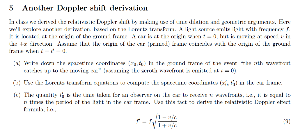 Solved 5 Another Doppler shift derivation In class we | Chegg.com