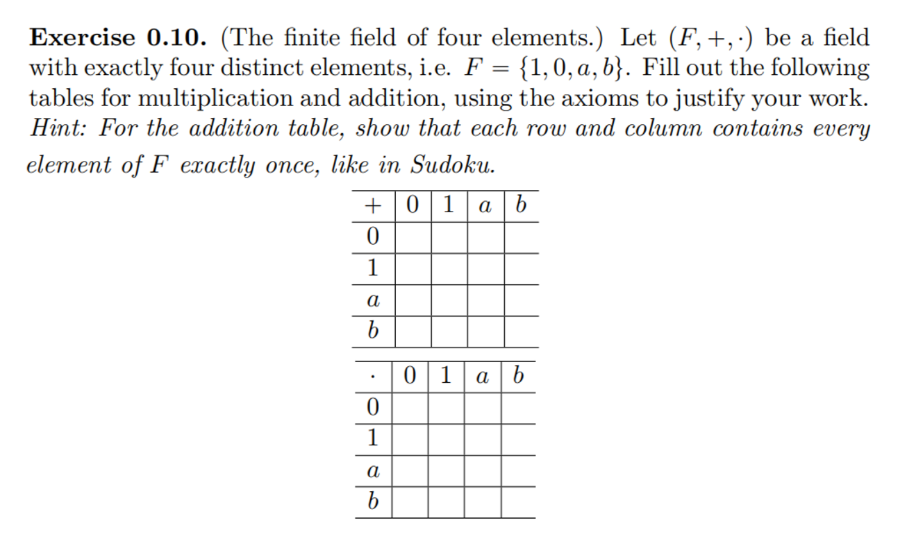Solved Exercise 0.10. (The finite field of four elements.) | Chegg.com