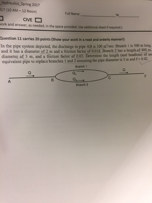 Solved In the pipe system depicted, the discharge in pipe AB | Chegg.com