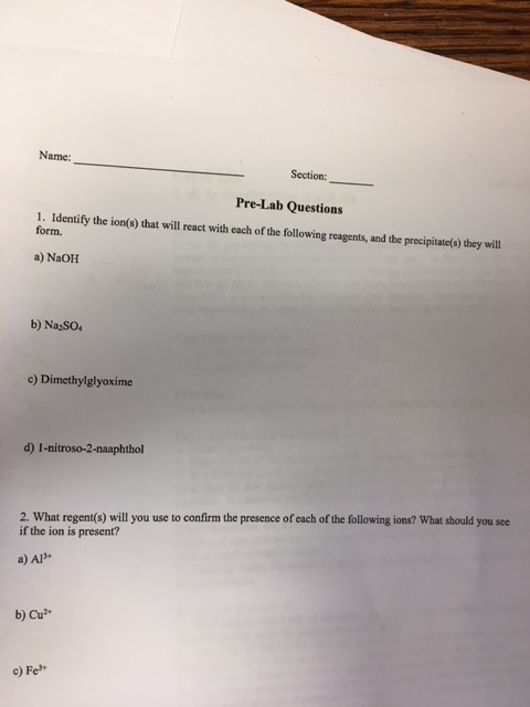 Solved Name: Section: Pre-Lab Questions 1. Identify the | Chegg.com