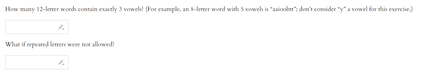 Solved How many 12-letter words contain exactly 3 vowels? | Chegg.com