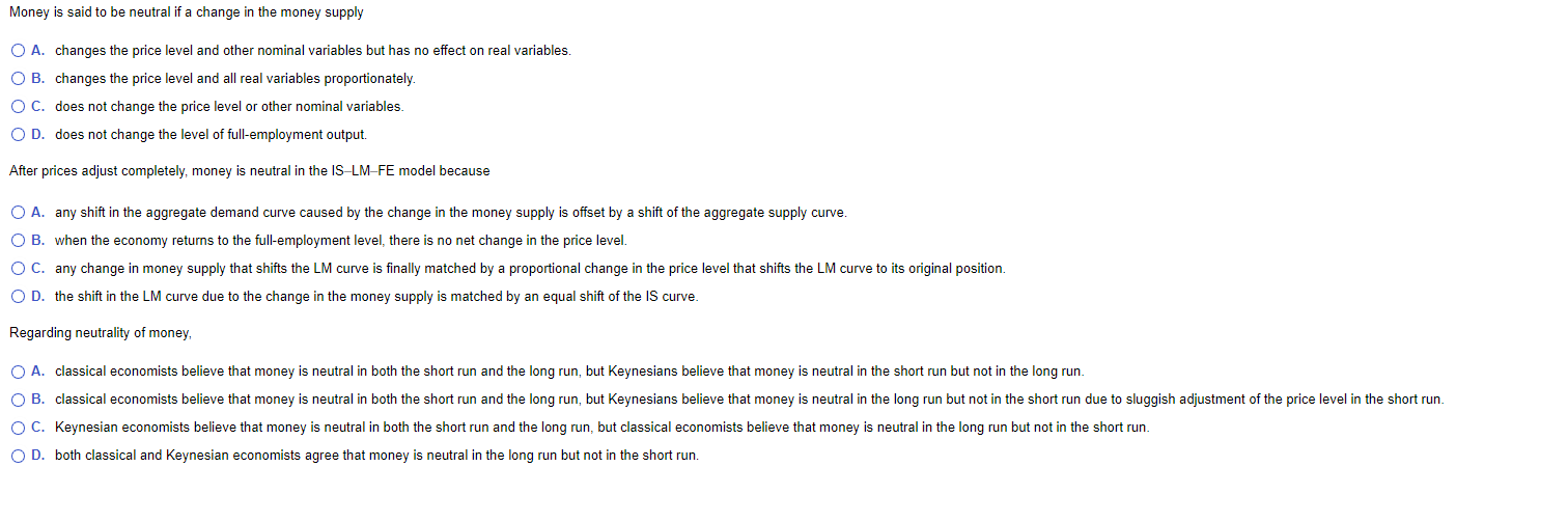 Solved Money is said to be neutral if a change in the money | Chegg.com