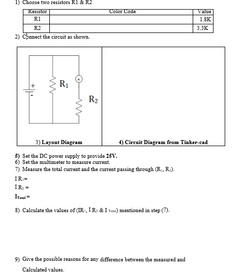 Solved 1) Choose two resistors Rl & R2 Resistor RI Color | Chegg.com