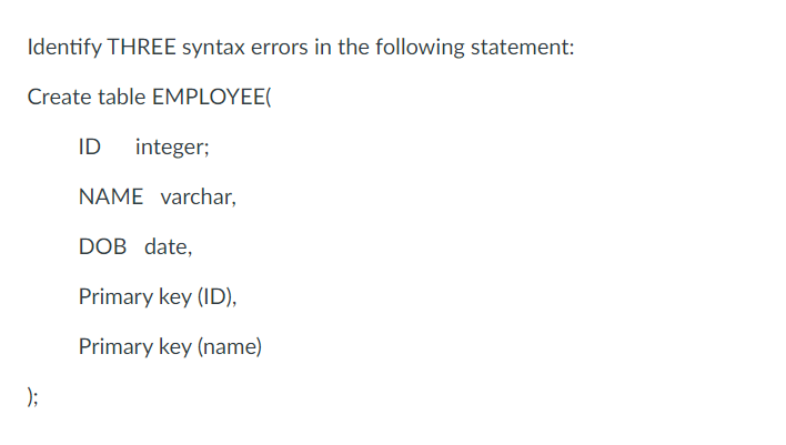Solved Identify THREE syntax errors in the following | Chegg.com
