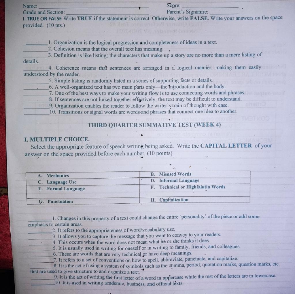 Solved Name: Score: Grade and Section: Parent's Signature: | Chegg.com