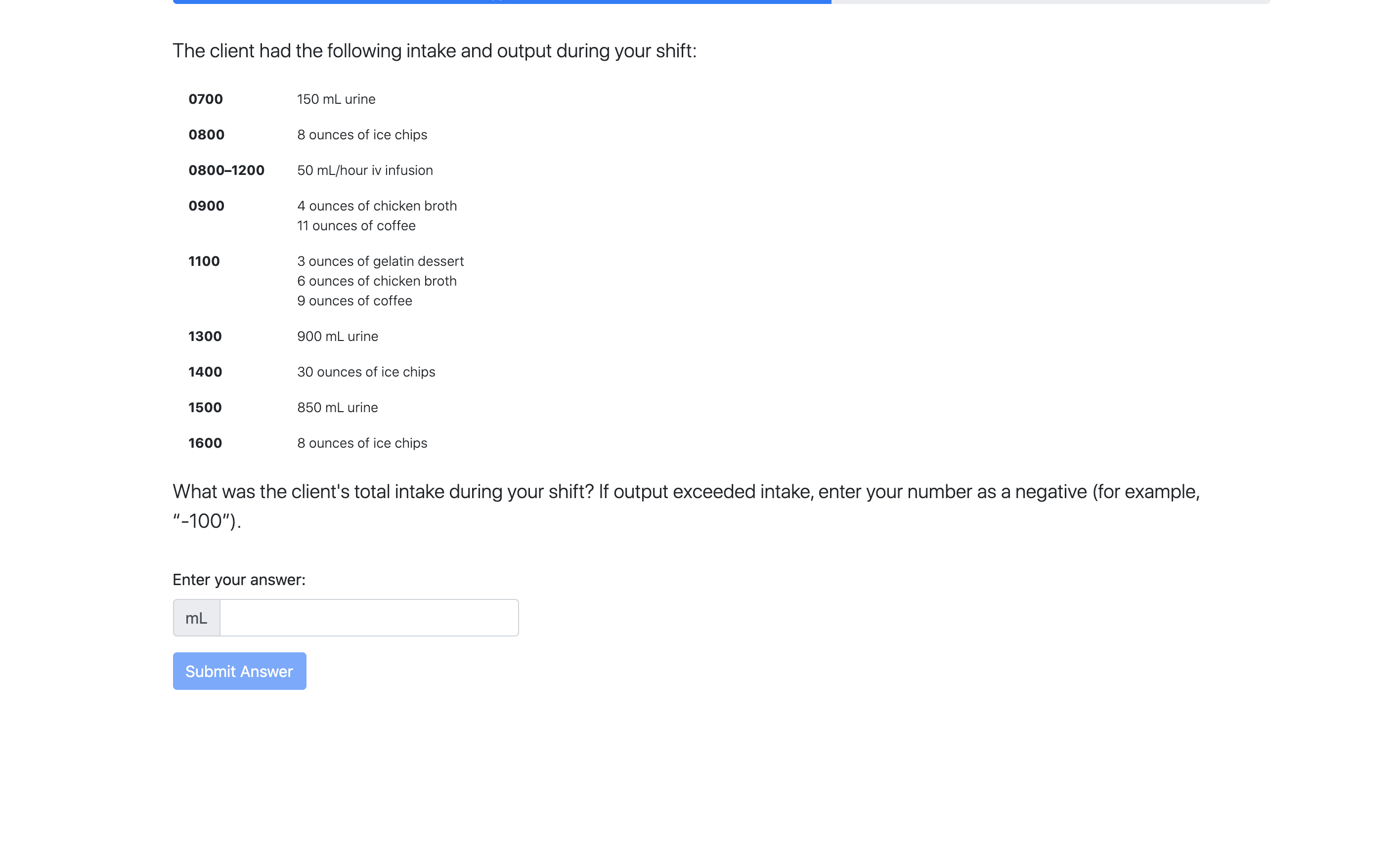Solved The client had the following intake and output during | Chegg.com