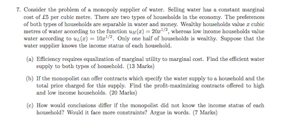 Solved 7. Consider the problem of a monopoly supplier of | Chegg.com