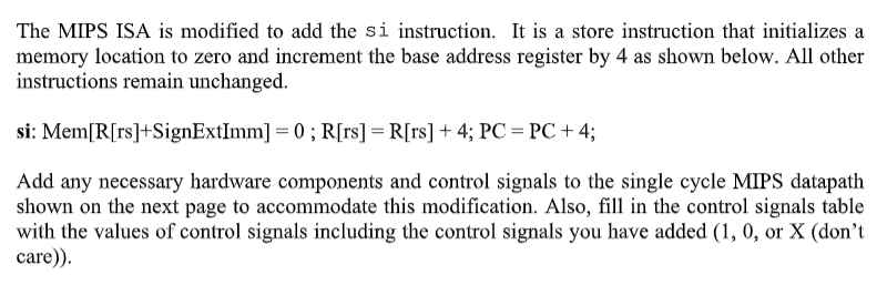 The MIPS ISA is modified to add the si instruction. | Chegg.com