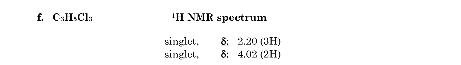 Solved f. C3H5Cl3 1 H NMR spectrum singlet, δ:2.20(3H) | Chegg.com
