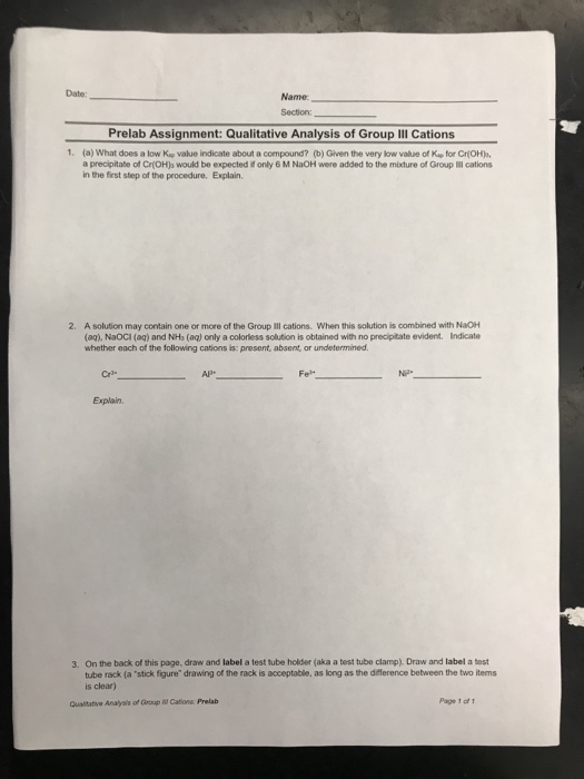 Solved Date Name Section: Prelab Assignment: Qualitative | Chegg.com