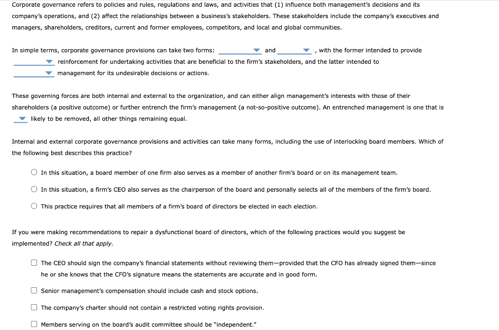 Solved Corporate governance refers to policies and rules, | Chegg.com