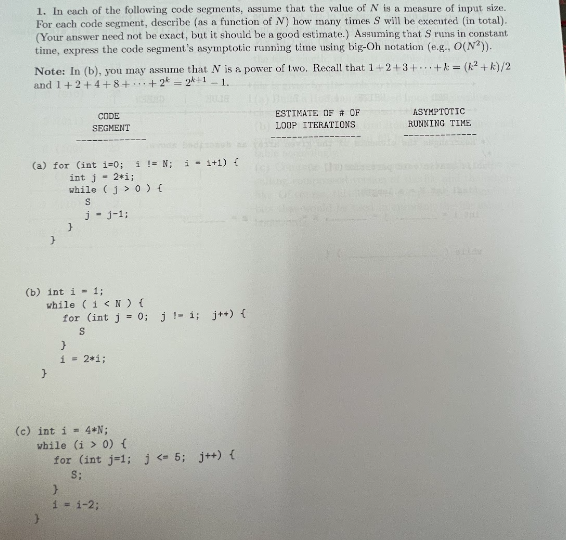 Solved 1. In each of the following code segments, assume | Chegg.com