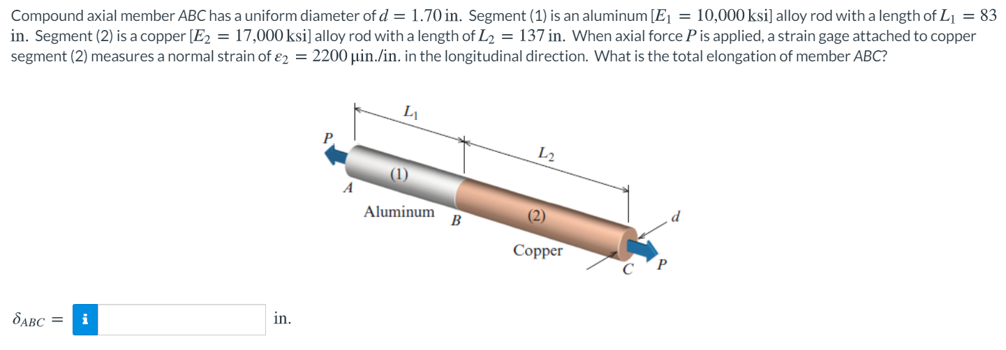 Solved 83 Compound axial member ABC has a uniform diameter | Chegg.com