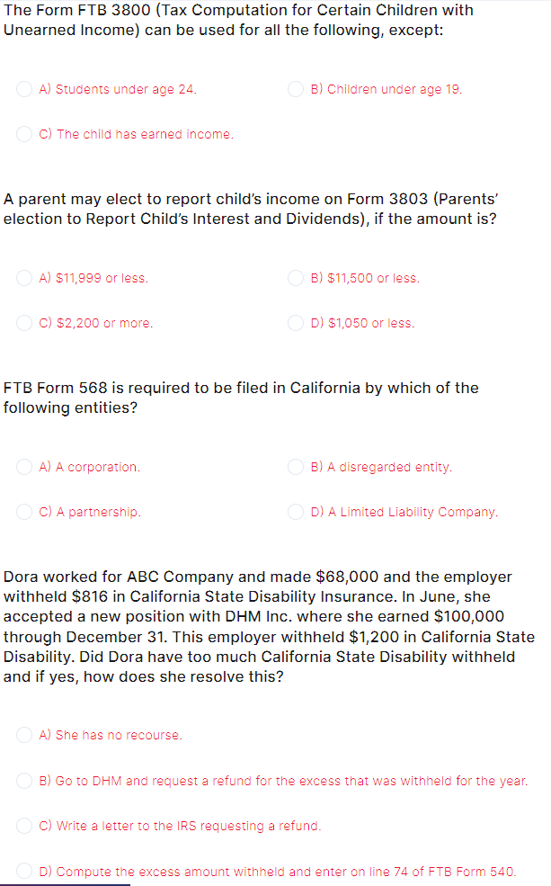 Solved The Form FTB 3800 (Tax Computation for Certain | Chegg.com