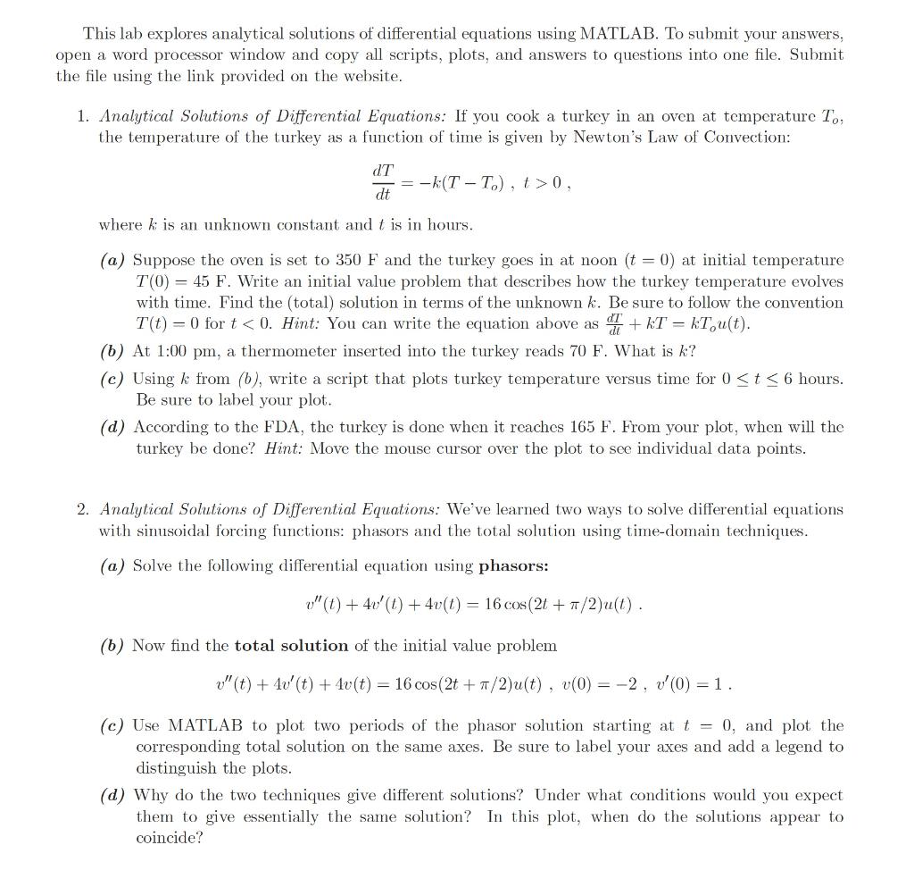 This lab explores analytical solutions of | Chegg.com