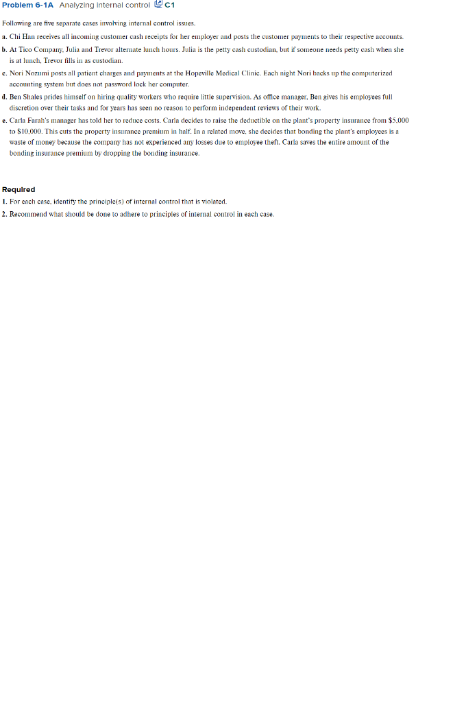 Solved Problem 6-1A Analyzing internal control 니 C1 | Chegg.com