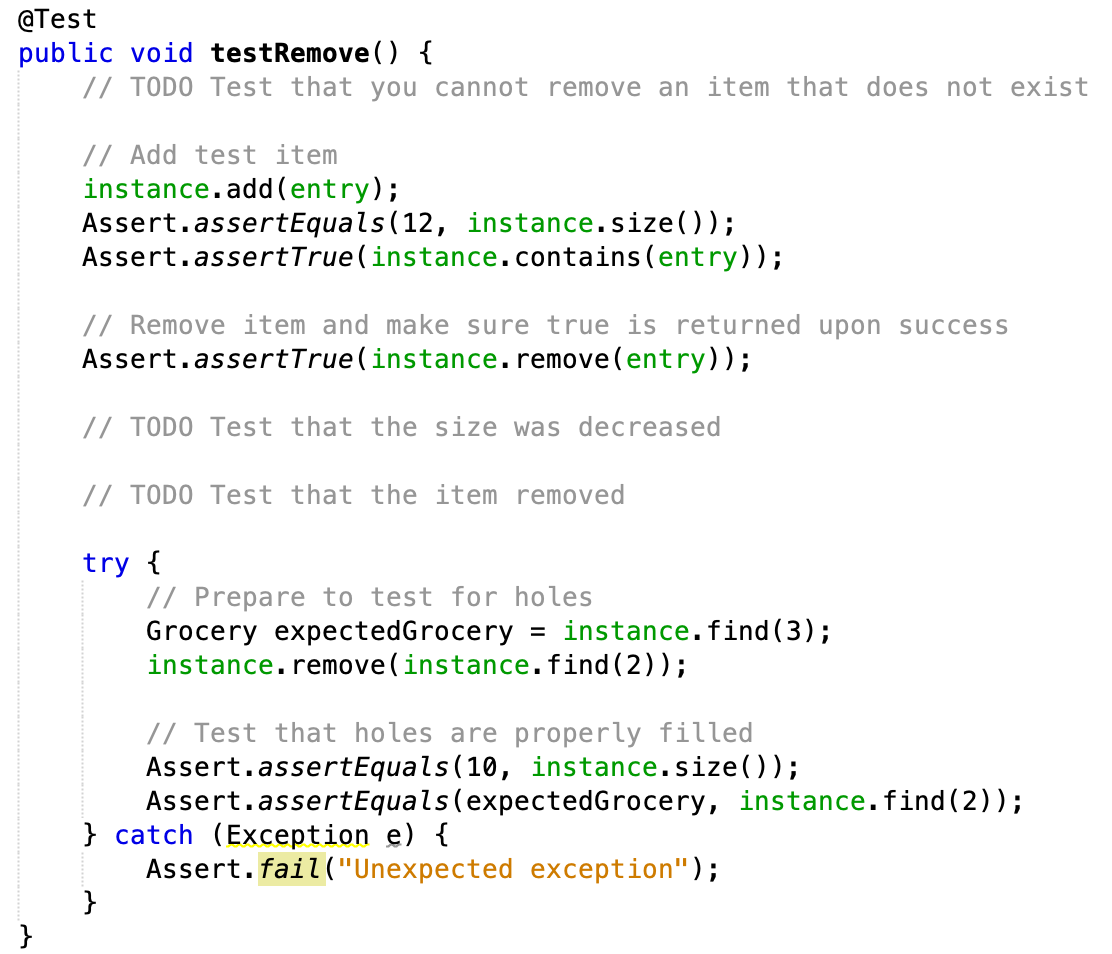 Solved @Test public void testRemove() { // TODO Test that | Chegg.com