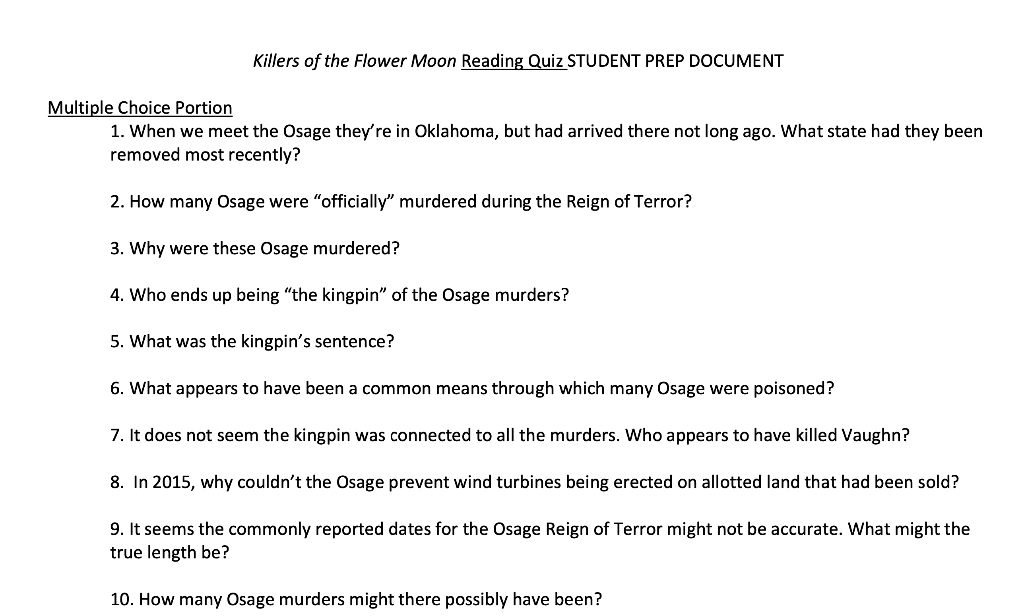 Killers of the Flower Moon Reading Quiz STUDENT PREP | Chegg.com