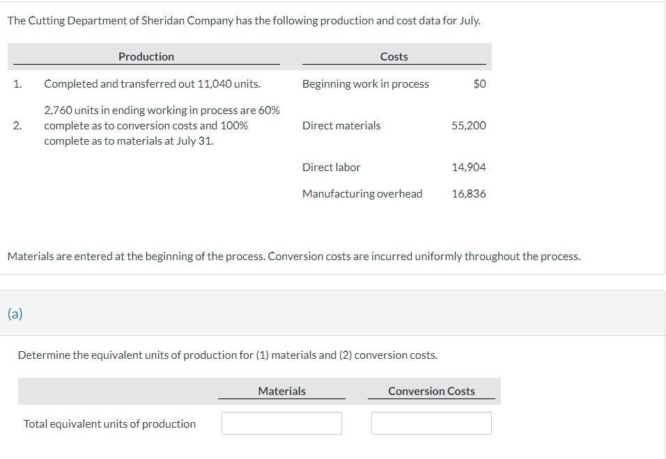 Solved The Cutting Department of Sheridan Company has the | Chegg.com
