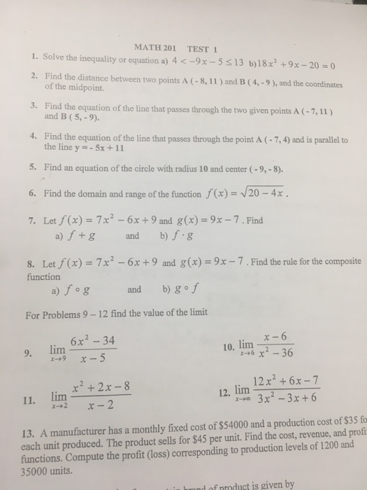 Solved MATH 201 TEST 1 1. Solve the inequality or equation | Chegg.com