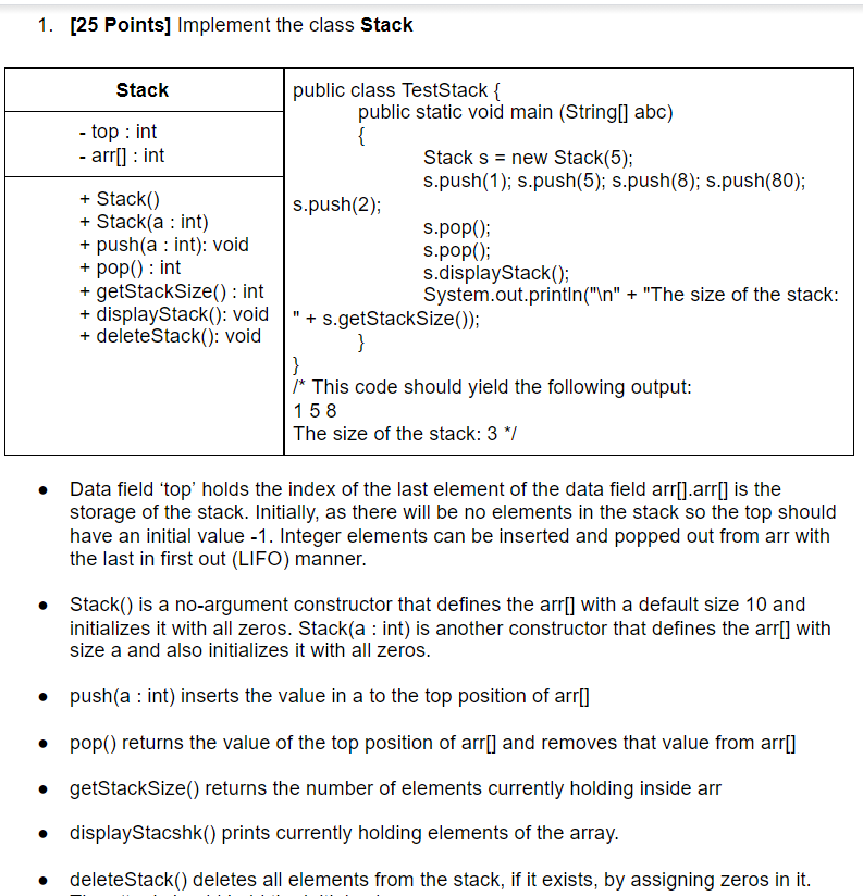 Solved 1. [25 Points] Implement the class Stack Stack - top | Chegg.com