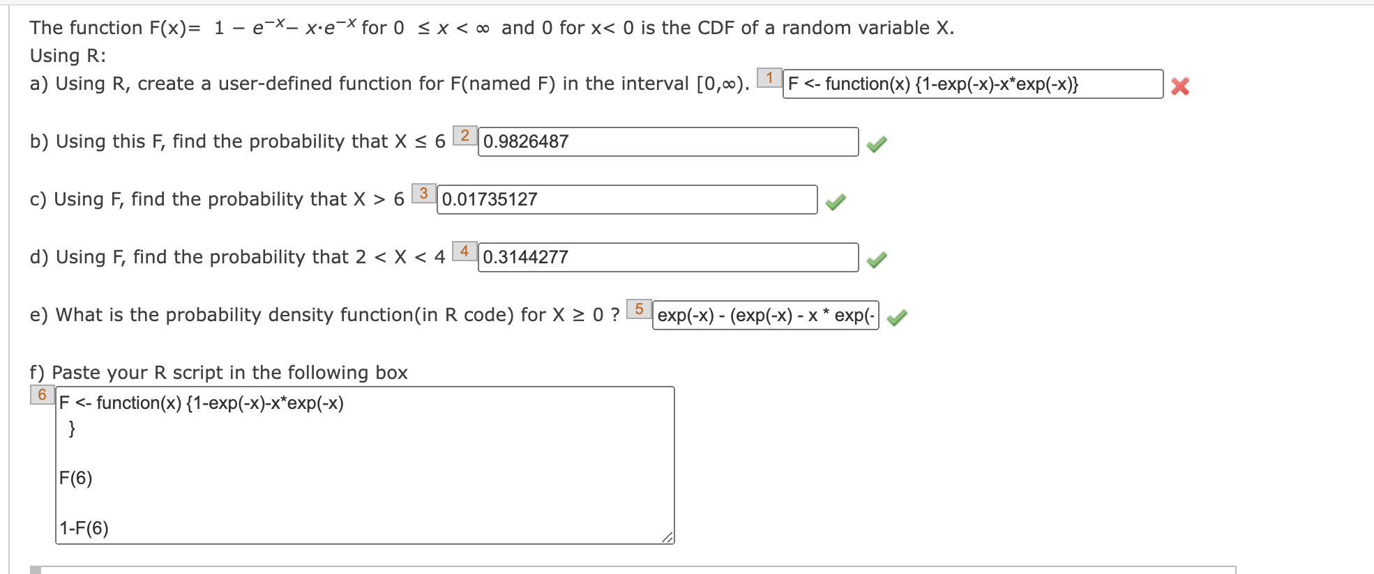 Solved The function F(x)=1−e−x−x⋅e−x for 0≤x
