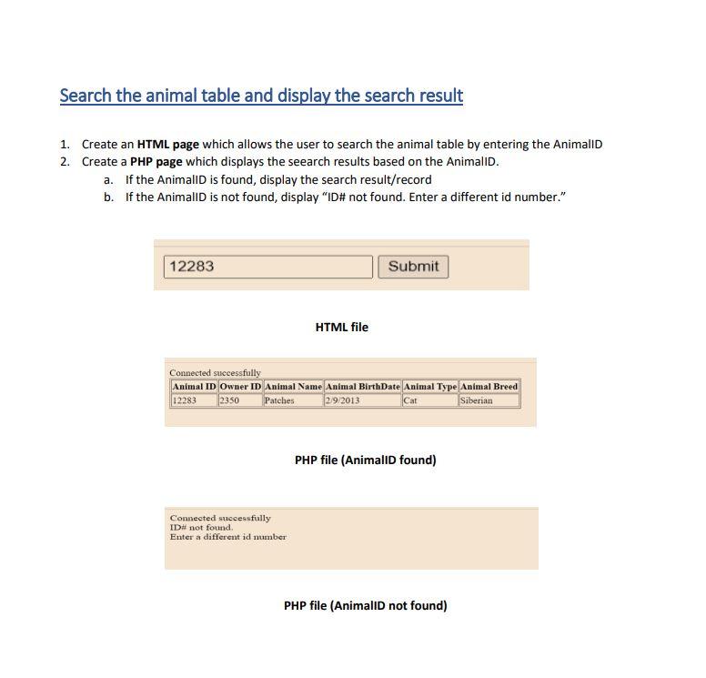 Solved Search the animal table and display the search result | Chegg.com