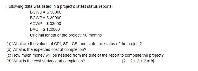Solved Following data was listed in a project's latest | Chegg.com