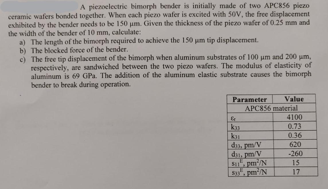 Solved A piezoelectric bimorph bender is initially made of | Chegg.com