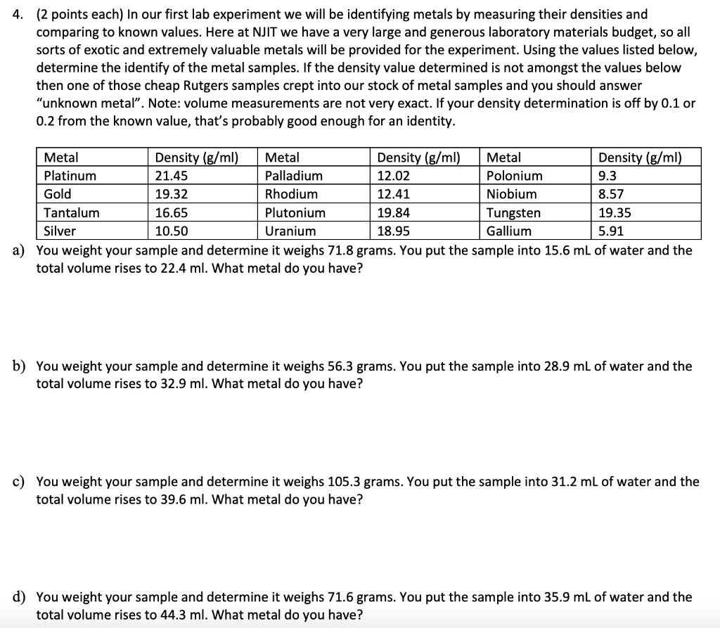 Solved ( 2 points each) In our first lab experiment we will | Chegg.com