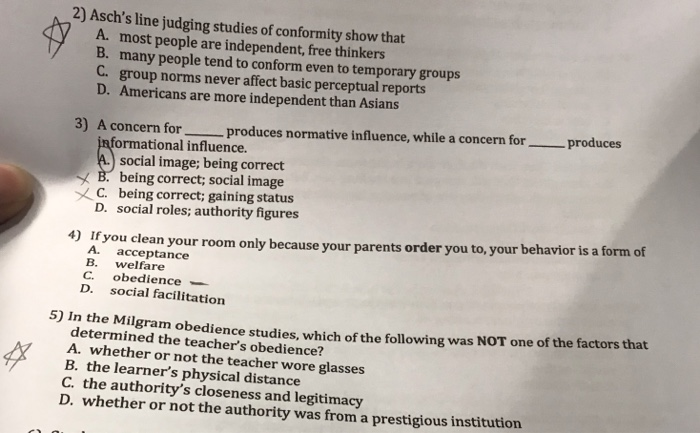 Solved 2) Asch's line judging studies of conformity show | Chegg.com