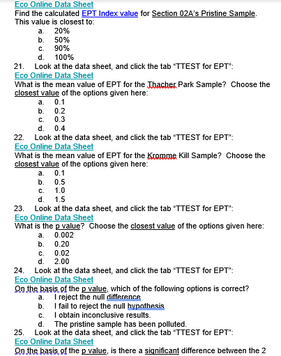 0.4 a. Eco Online Data Sheet Find the calculated EPT | Chegg.com