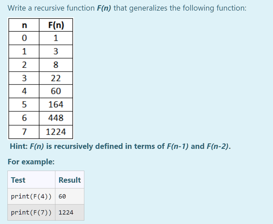 Solved Write a recursive function F(n) that generalizes the | Chegg.com