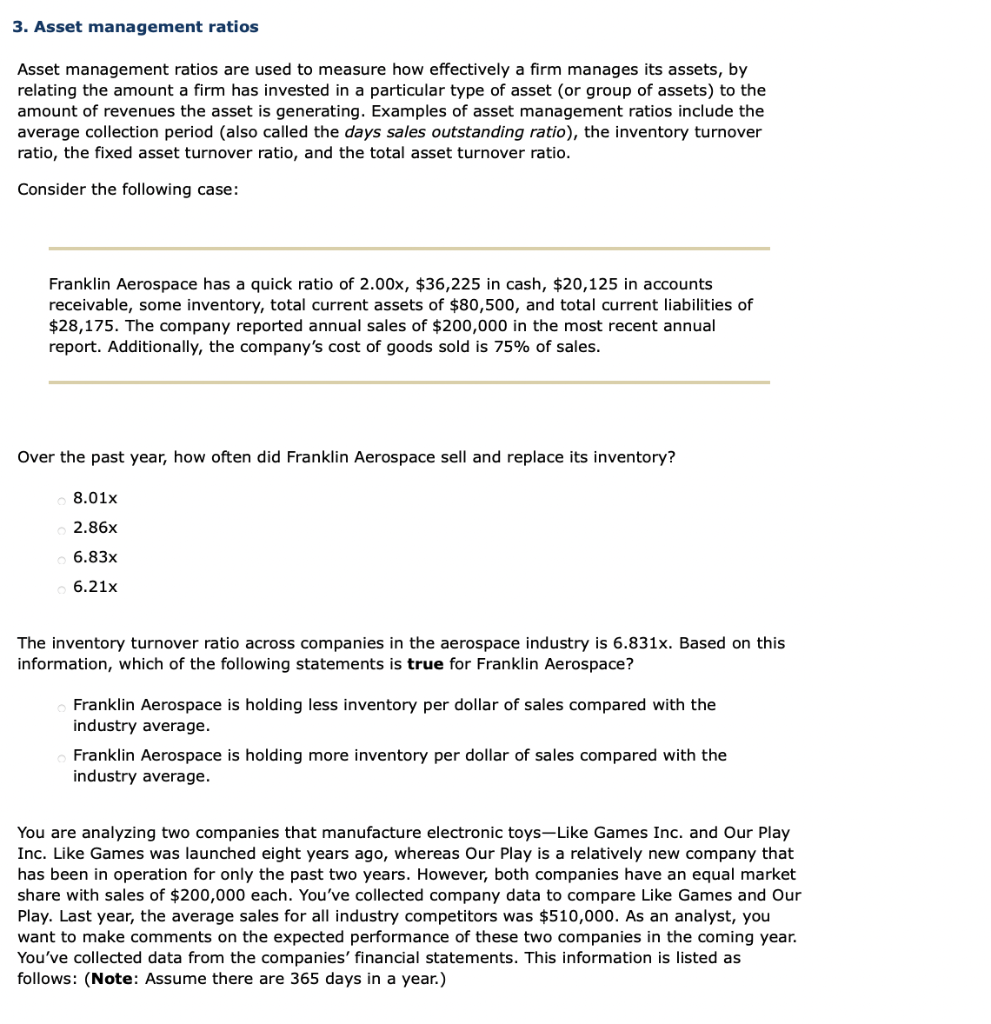 Solved 3. Asset management ratios Asset management ratios | Chegg.com