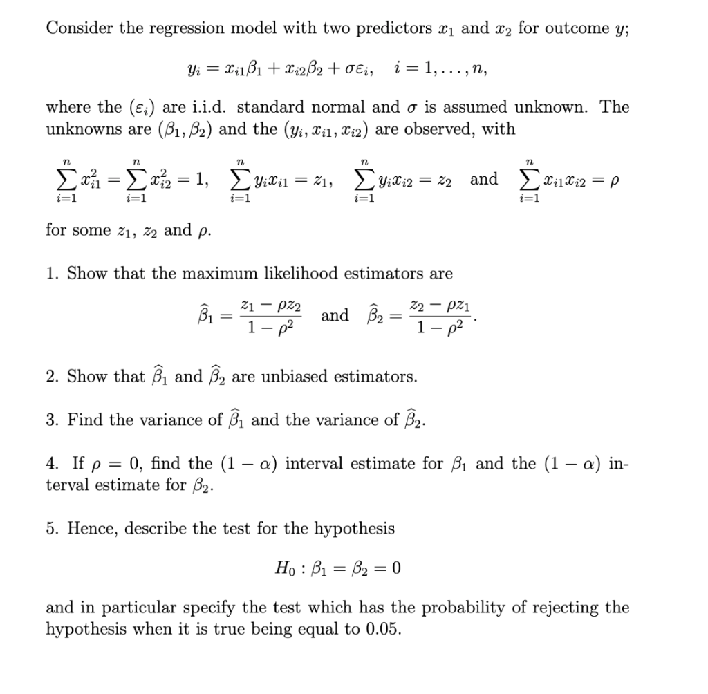 Consider the regression model with two predictors Xi | Chegg.com