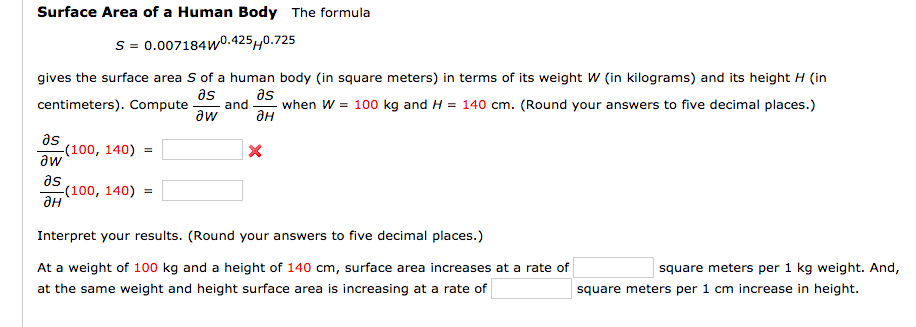 Solved Surface Area of a Human Body The formula S = 0.007184 | Chegg.com