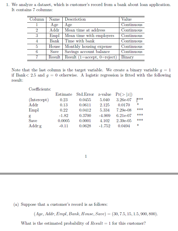 Solved 1. We analyze a dataset, which is customer's record | Chegg.com