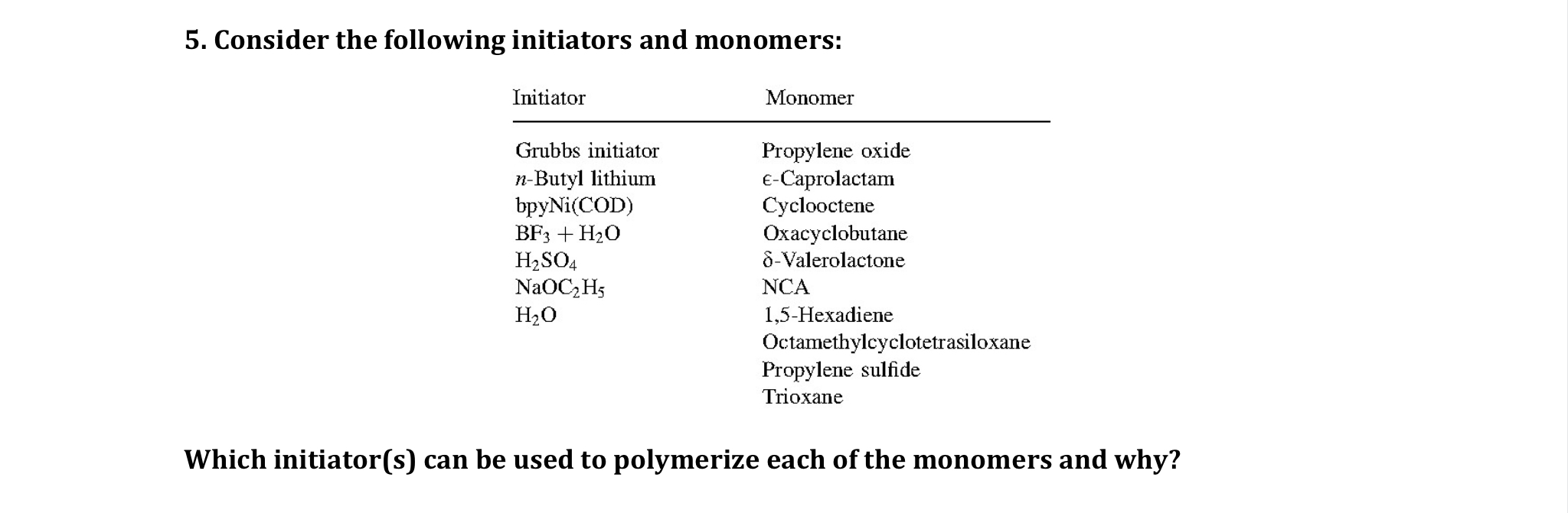 Consider the following initiators and | Chegg.com