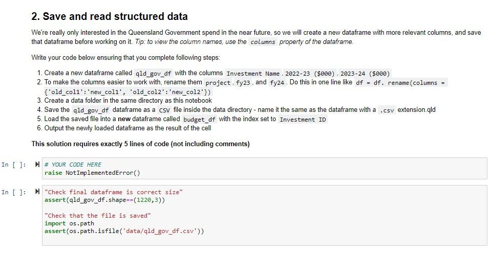 Solved 2. Save and read structured data We're really only | Chegg.com