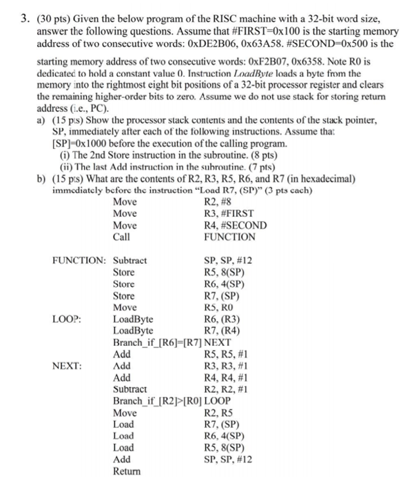 3. (30 pts) Given the below program of the RISC | Chegg.com