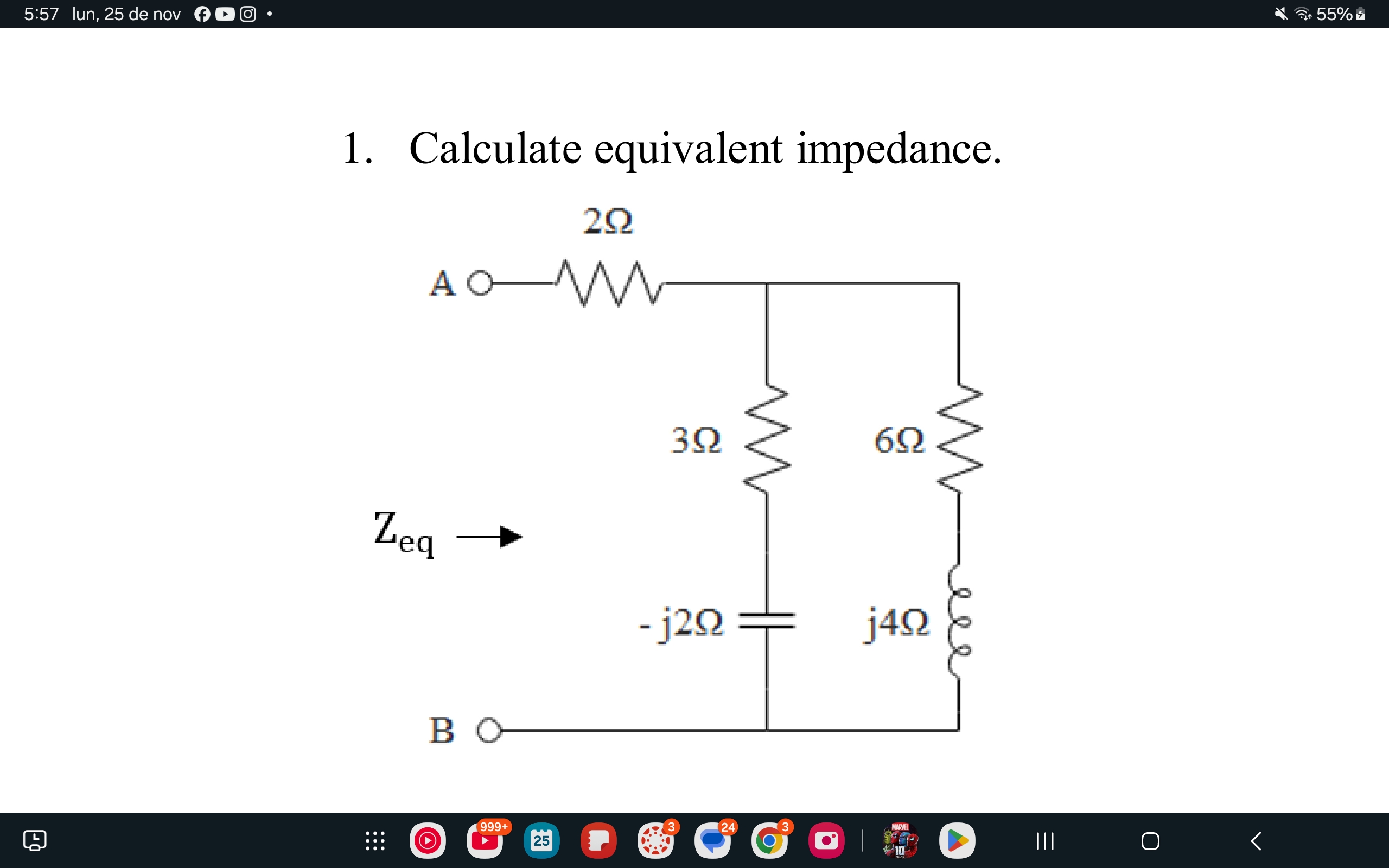 Solved 1. ﻿Calculate equivalent impedance.Answer is: | Chegg.com