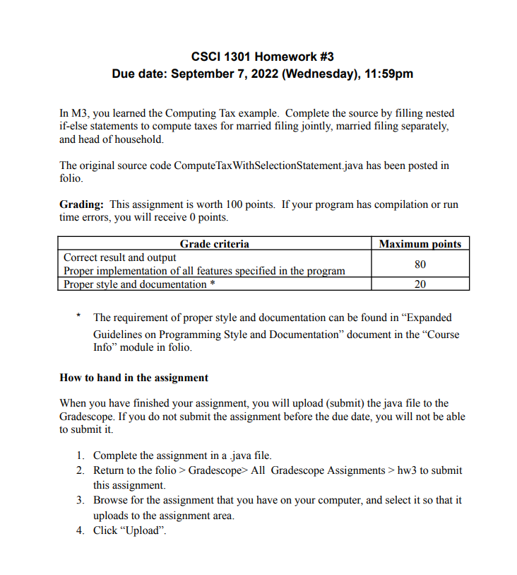 Solved CSCI 1301 Homework \#3 Due date: September 7, 2022 | Chegg.com