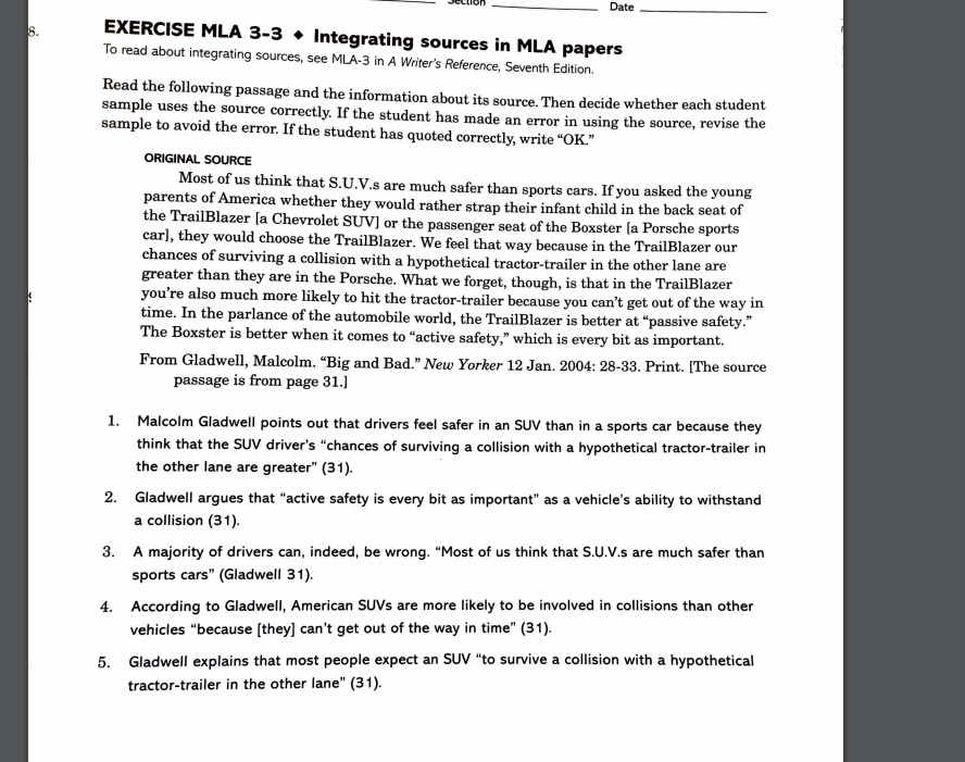 Solved EXERCISE MLA 3-3 - Integrating sources in MLA papers | Chegg.com