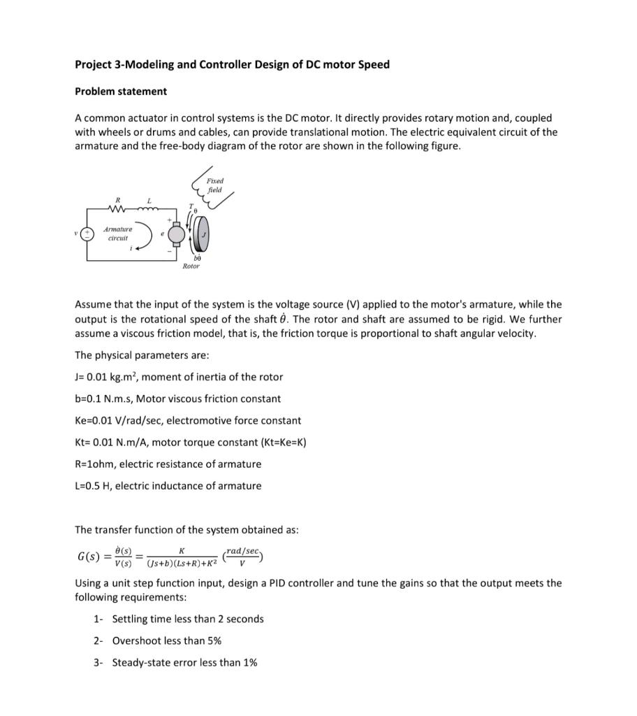Solved Project 3-Modeling and Controller Design of DC motor | Chegg.com