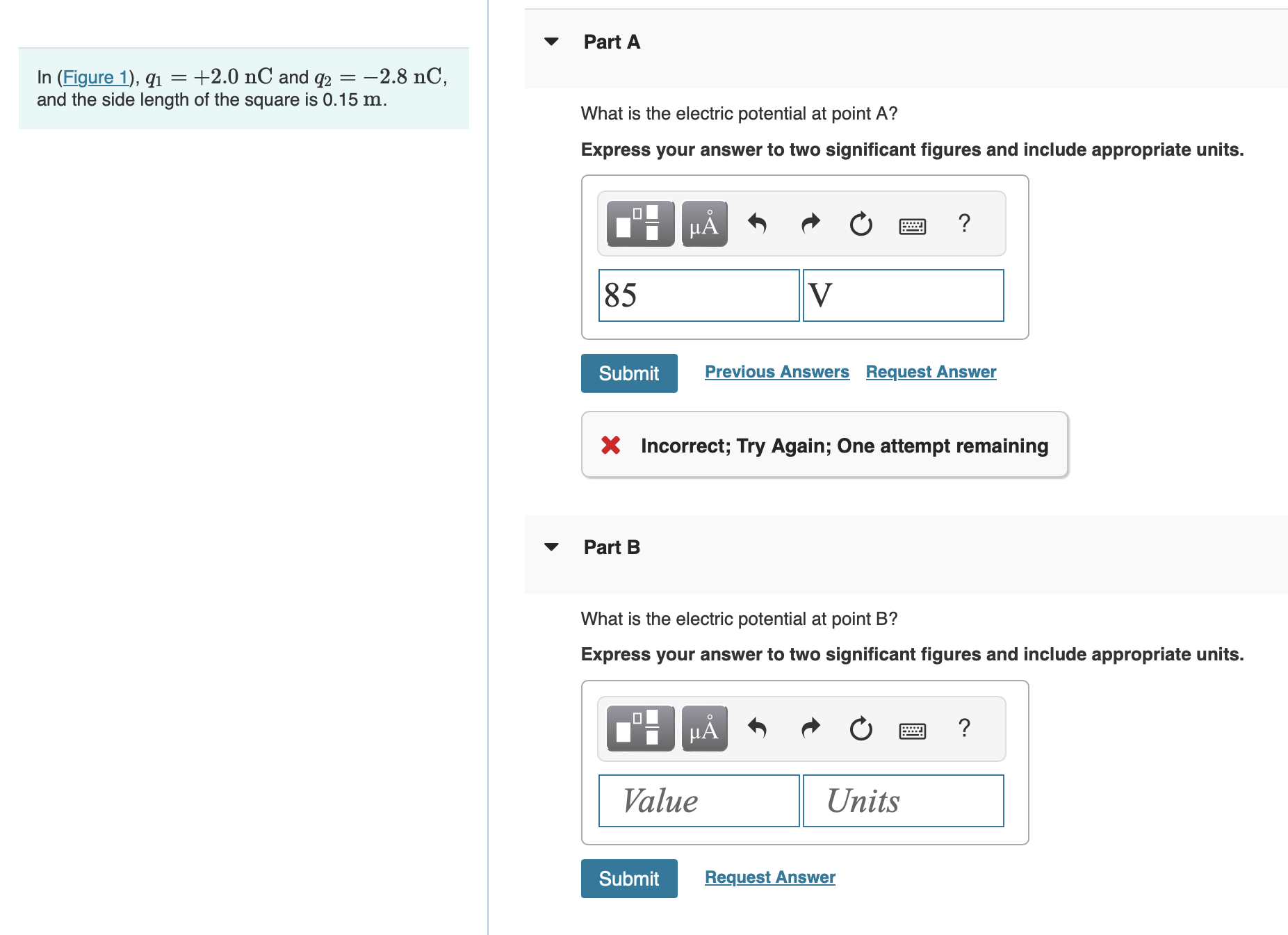 Solved 1 of 1In (Figure 1),q1=+2.0nC and q2=−2.8nC, and the | Chegg.com