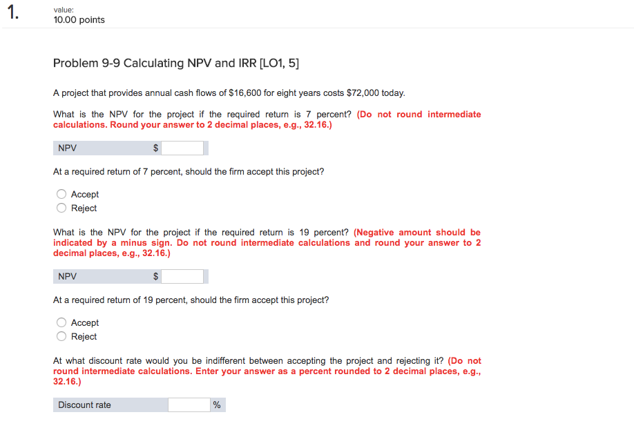 Solved 0.00 points Problem 9-9 Calculating NPV and IRR [LO1, | Chegg.com