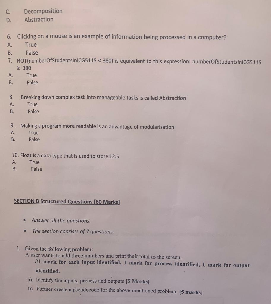 Solved C. D. Decomposition Abstraction 6. Clicking on a | Chegg.com